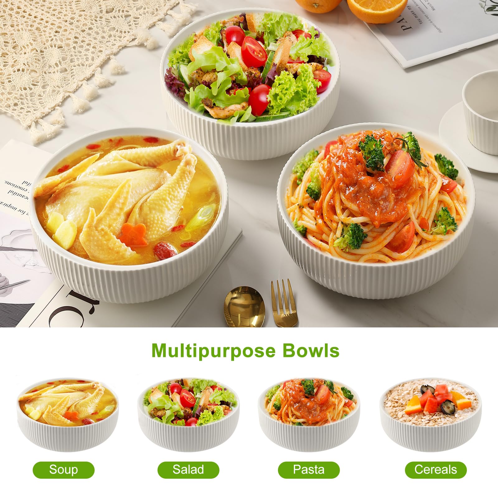 KMIGRUAN 60oz Salad Bowl Set,2 Pack Serving Bowls for Entertaining,8inch Large White Ceramic Bowl for Side Dishes,Soup, Pho, Cereal, Pasta, Fruit, Microwave and Dishwasher Safe