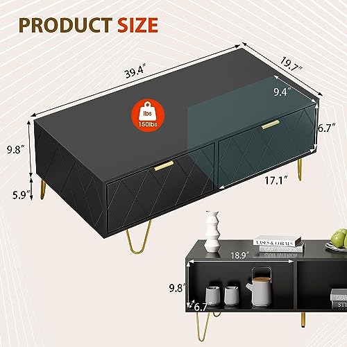 Scurrty 39.4'' Coffee Table with Large Drawers & 2 Open Storage Shelves, Black Modern Coffee Tables with Gold Metal Handles for Living Room, Bedroom and Study (Black)