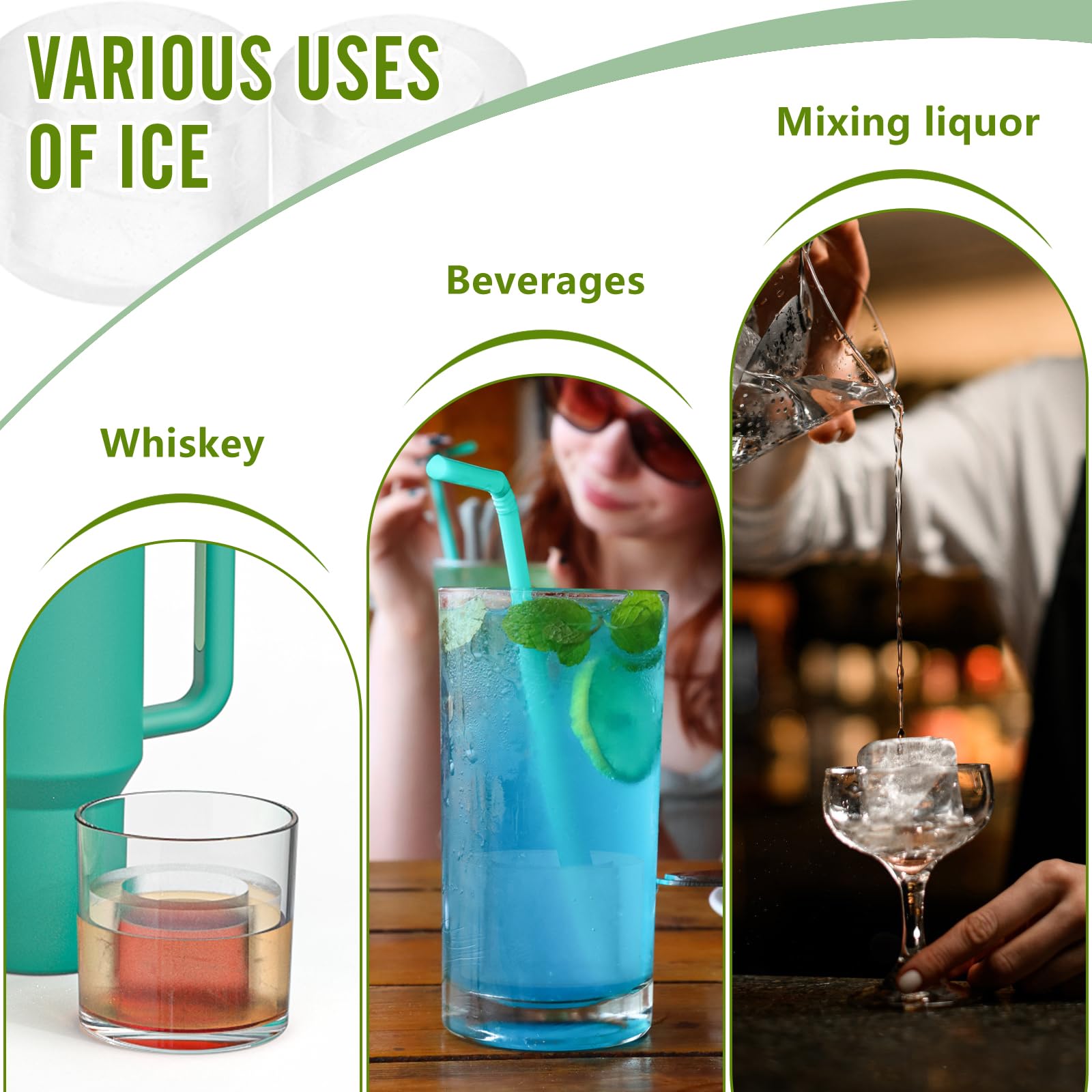 Ice Cube Trays with Lids for Stanley Cup,4Pcs Cylinder Silicone Ice Cube Trays for Freezer,Ice Mold with Lid and Bin for Freezer, Ice Drink, Juice, Whiskey, Cocktail, 20Oz, 30Oz, 40Oz(Green)