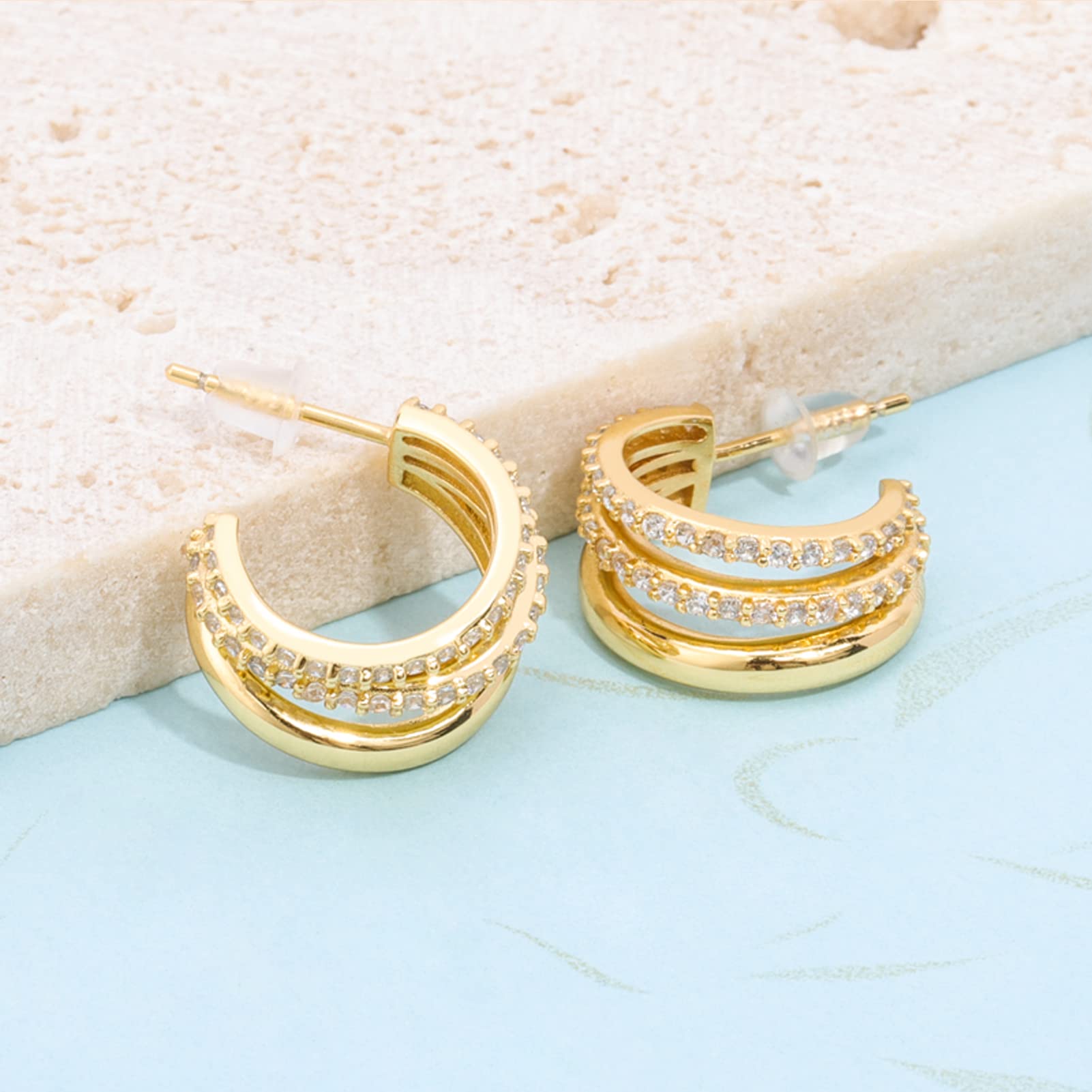Joacii Gold Plated Cubic Zircon C-Hoop Earrings Lightweight Split Treble Hoop Huggie Stud Earrings for Women