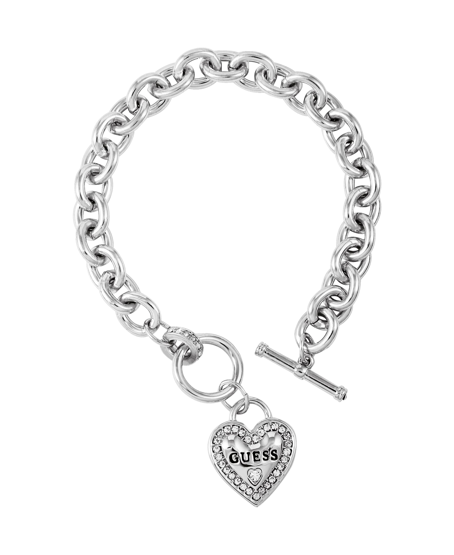 GUESS Silvertone Heart Logo Charm Toggle Bracelet
