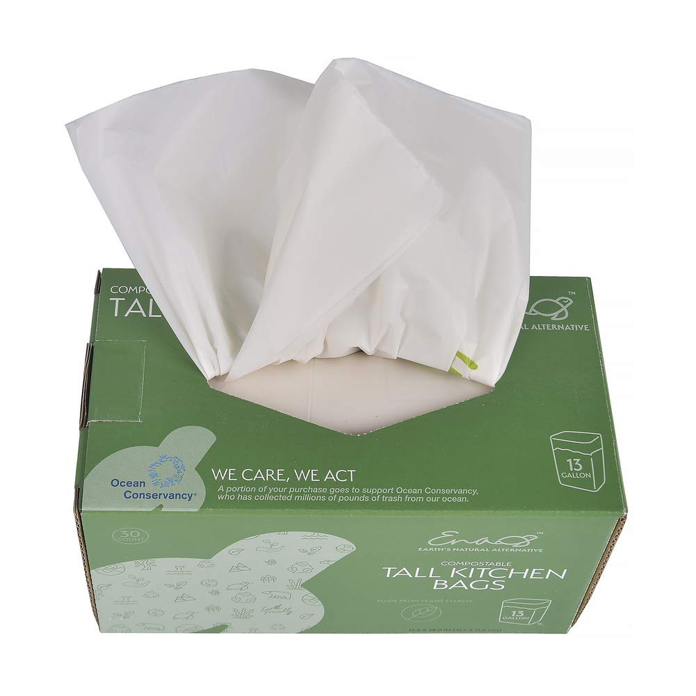 Earth's Natural Alternative 100% Compostable Tall Kitchen [13 Gallon 30 Pack] Eco-Friendly Garbage Bathroom, Trash Compactor Bags, Heavy-Duty, BPI Certified, Biodegradable