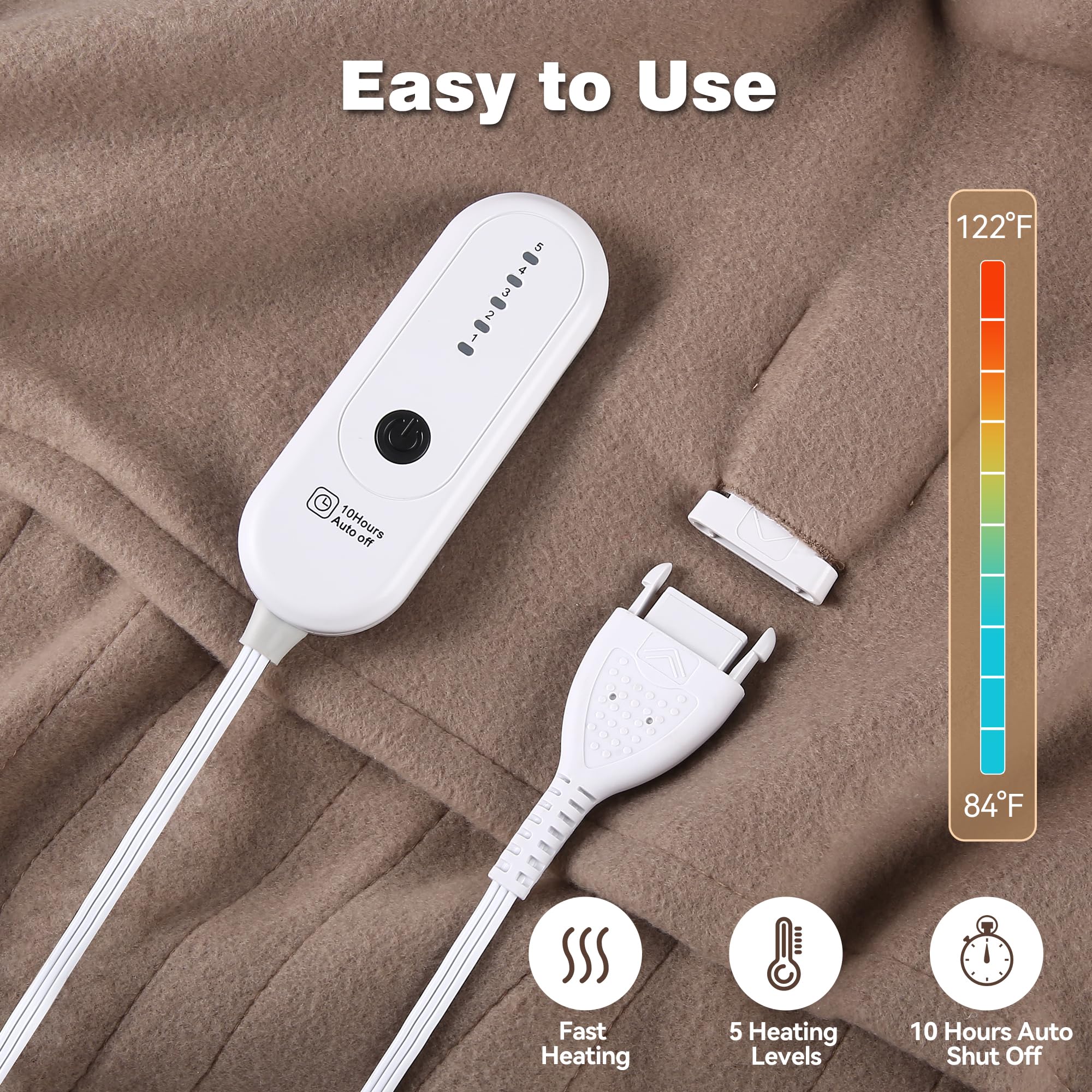 Electric Blanket Twin Heated Blanket, Fast Heating Blanket with 5 Heating Levels & 10 Hours Timer Settings, Electric Heated Blanket with Overheating Protection, Machine Washable, 62" x 84", Camel