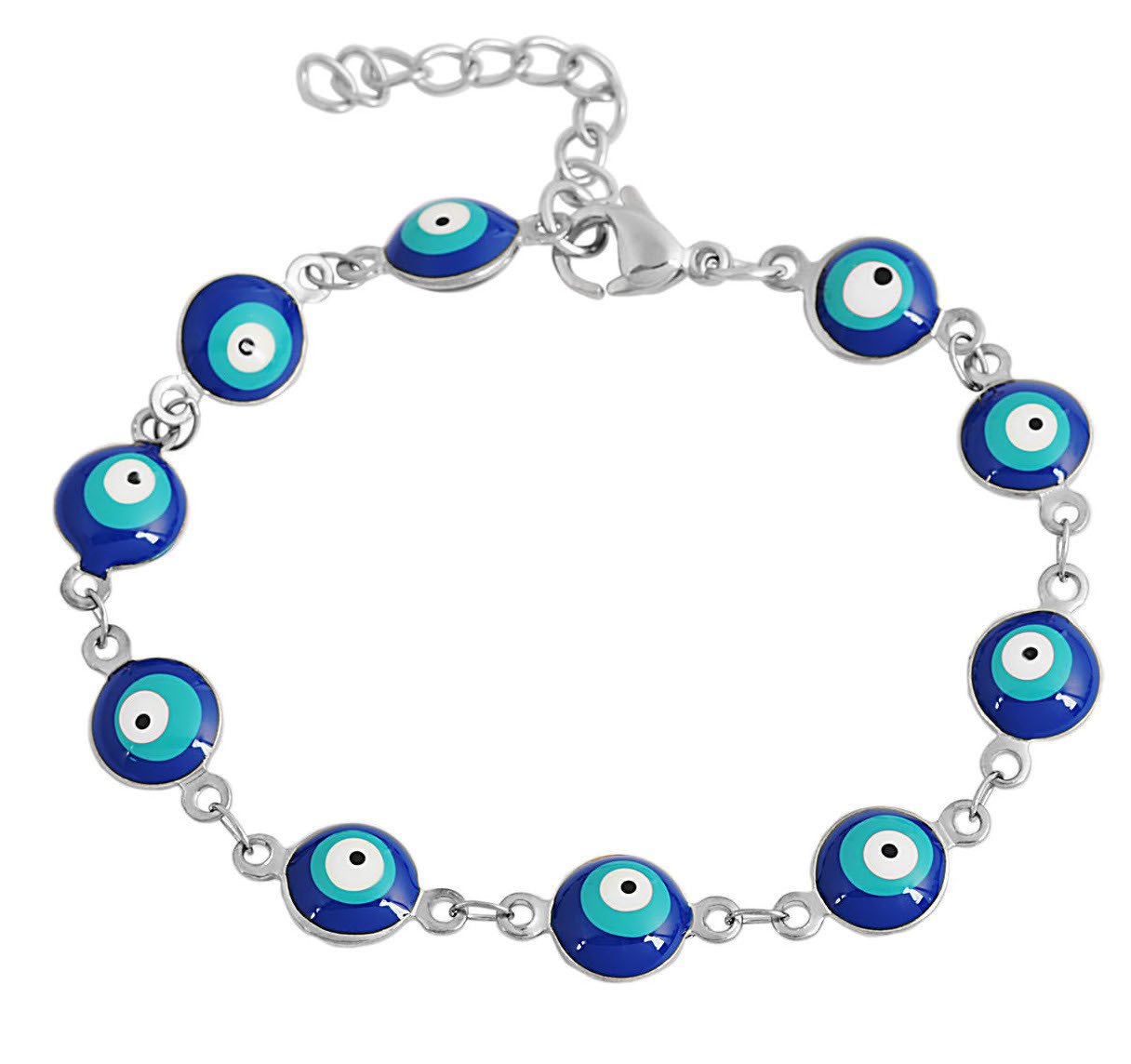 Edforce Stainless Steel Women's Charm Bracelet Green | Gold Enamel Evil Eye Protection Link Chain Adjustable, 8" (Aqua, Silver-and-Stainless-Steel)