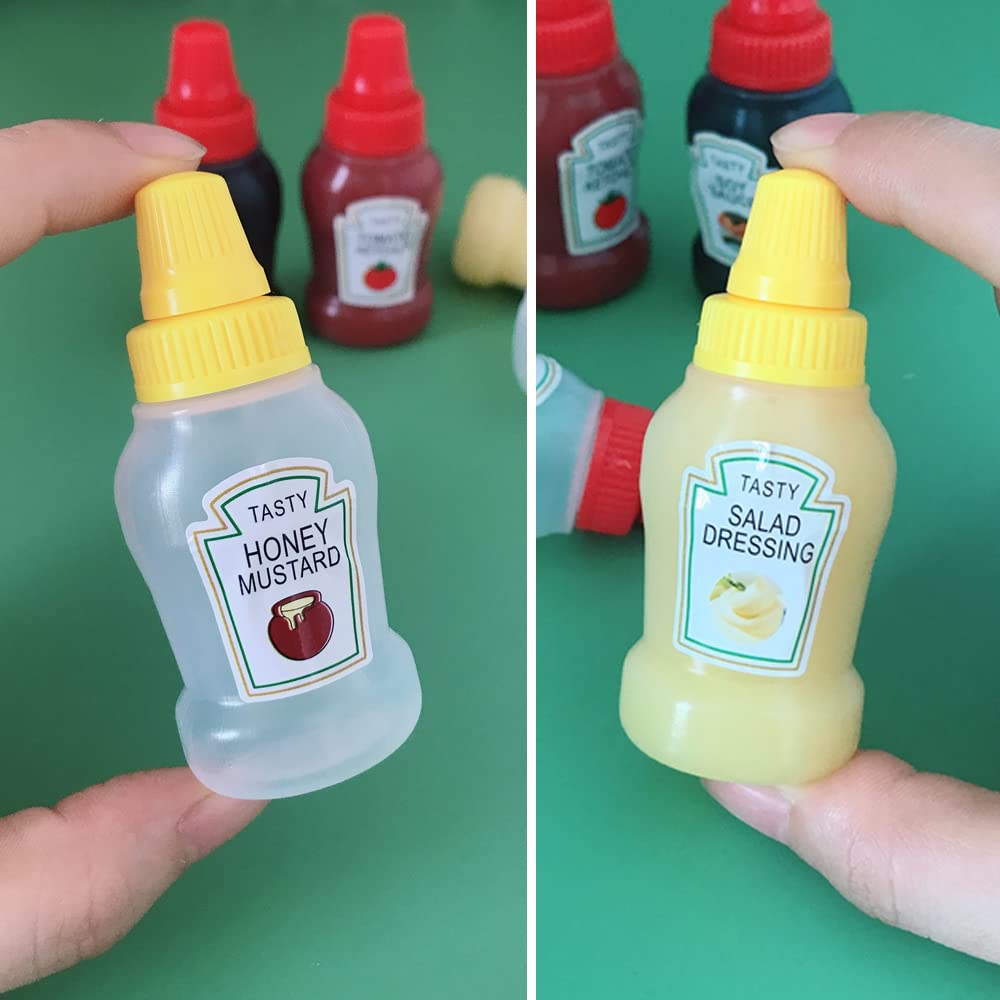 ZAYOIZY 4pcs Mini Condiment Squeeze Bottles 25ml Honey/Ketchup/Soy Sauce/Salad Dressing Dispensers Squeezable Jars Containers Plastic Portable Lunchbox with Sturdy Screw Cap