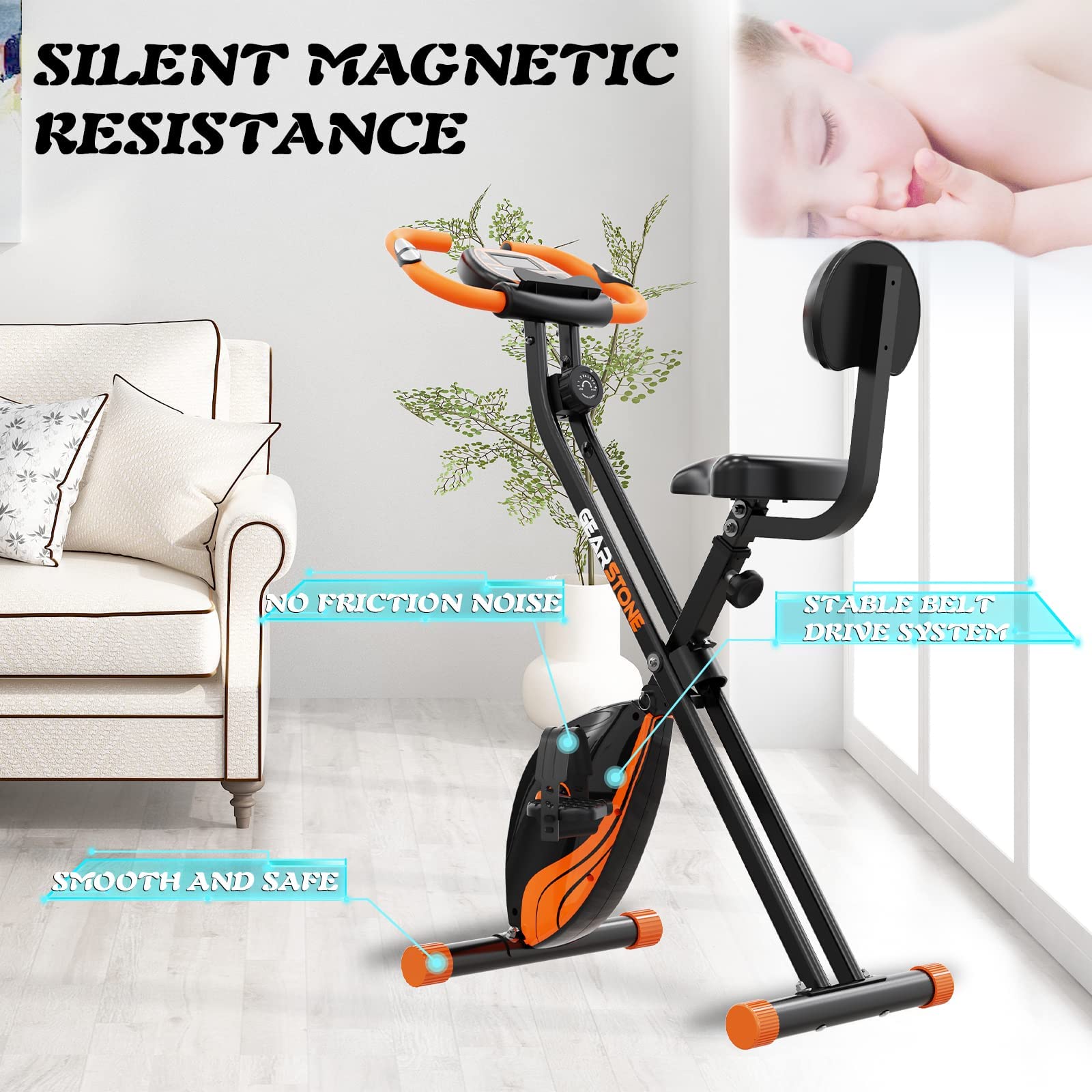 GEARSTONE Fitness Bike, Exercise Bike, Foldable Indoor Trainer for Home Cardio Training, Magnetic Resistance Bikes, Pulse Sensor, 100 kg Max Weight (D8) (D2)