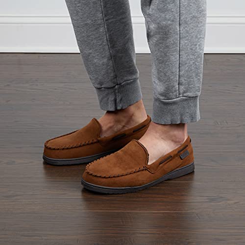 Dearfoams Men's Keaton Memory Foam Moccasin with Wide Widths Slipper, Chestnut Microsuede, Large