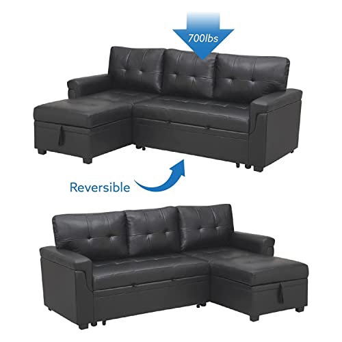 Perry Modern Sectional Sleeper Sofa with Pull Out Bed, Reversible Sleeper Sectional Sofa Bed, Best Sleeper Sofa Couch with 168L Storage, L-Shape Pull Out Couch Bed Sleeper Sofa - Black,Air Leather