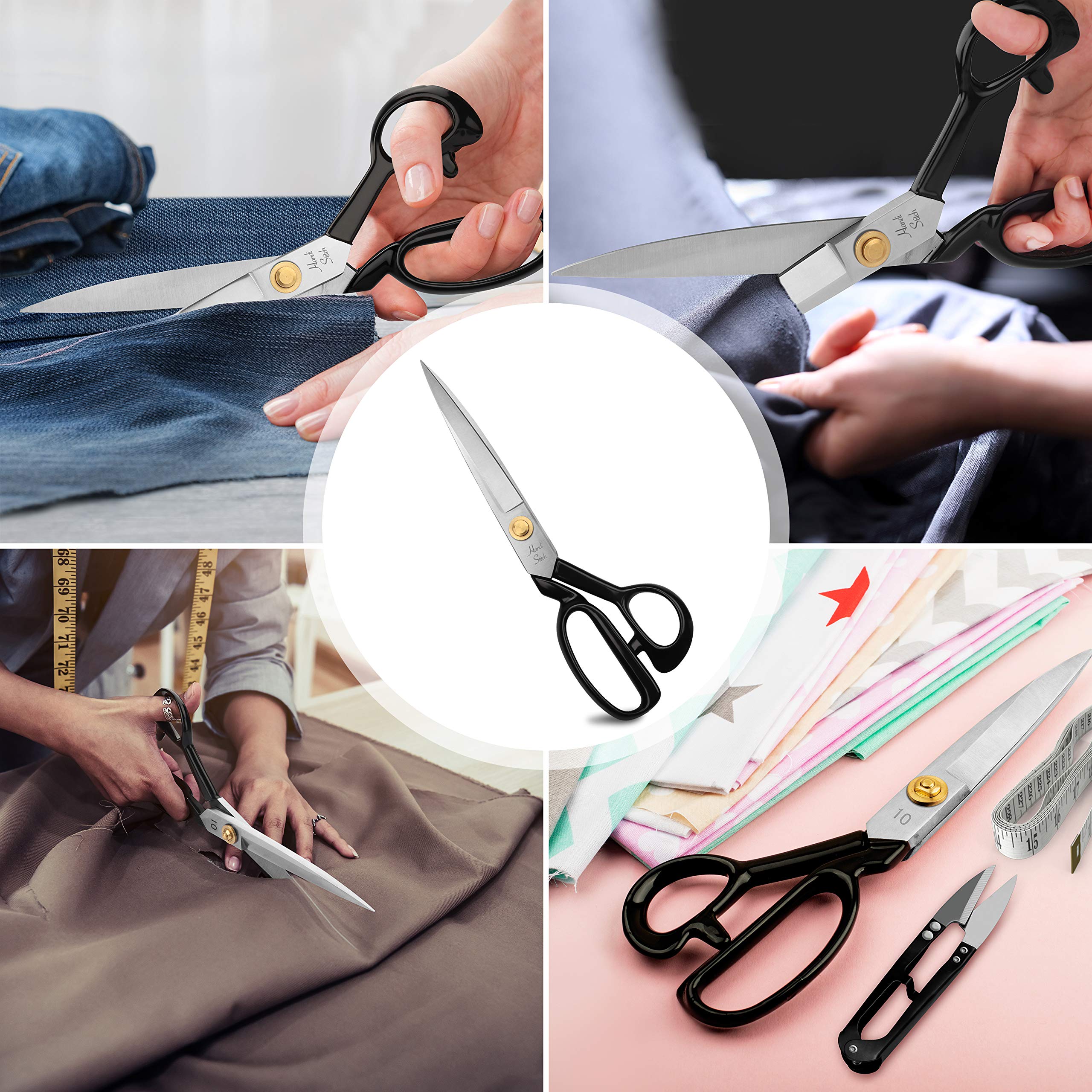 HANDI STITCH Fabric Tailor Scissors and Thread Snipper β 10 Inch Razor Sharp Stainless Steel for Sewing, Dressmaking & Knitting Needs β Durable Black Shears for Cutting Denim, Leather & More