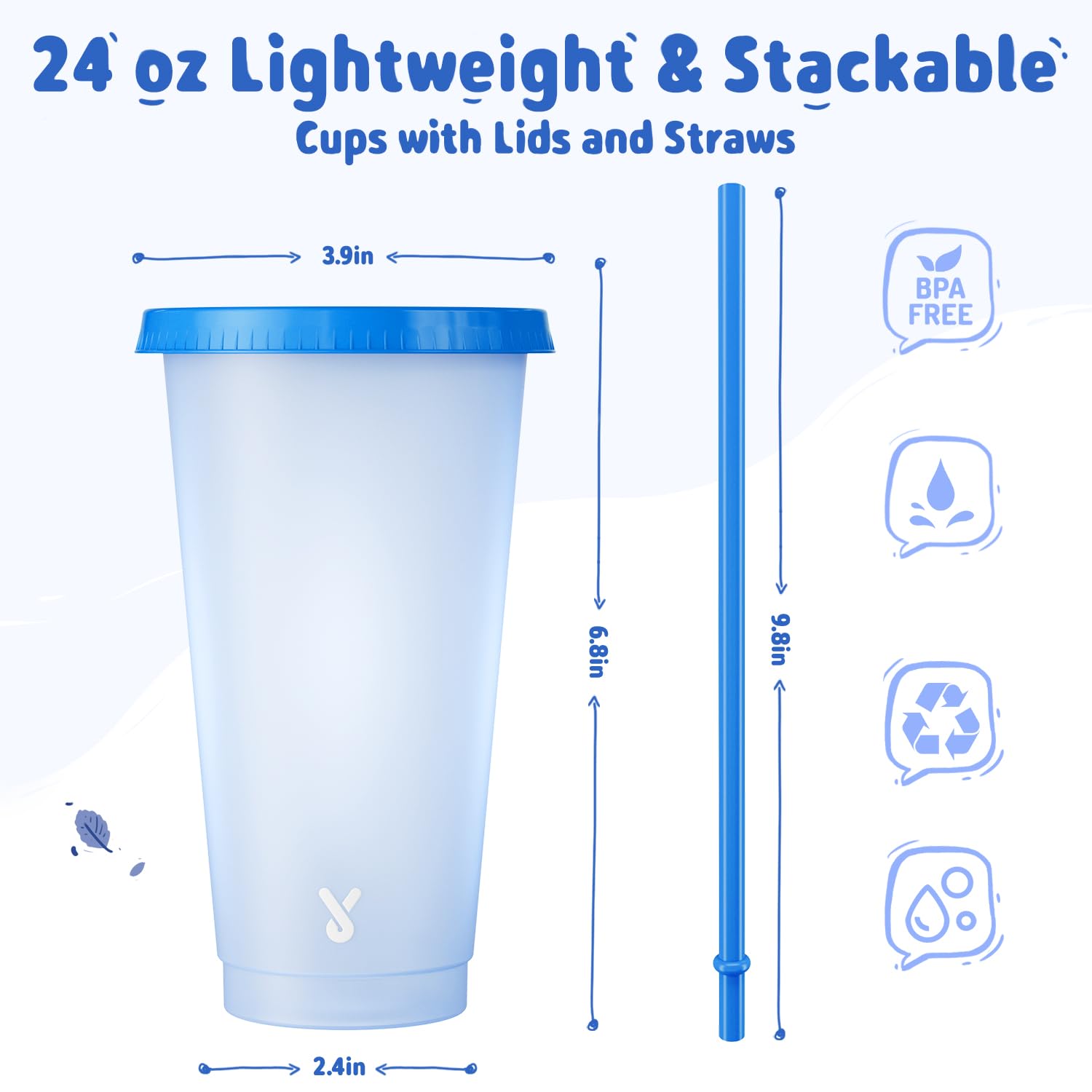 Meoky Plastic Cups with Lids and Straws - 6 Pack 24 oz Tumblers Bulk for Iced Coffee, Reusable Color Changing Cups for Party, Car, Women, Adults, BPA-free (Blue)