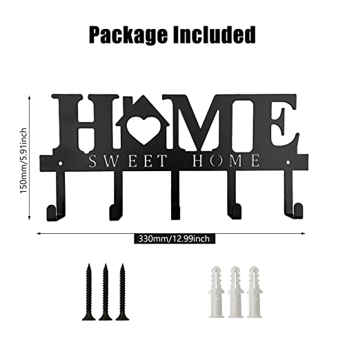 YGFRSTO Metal Key Holder Sweet Home Coat Hooks Organizer Wall Mounted Key Rack with 5 Key Hooks Wall Hanger Decor for Entryway Front Door Kitchen Hallway Garage House Design