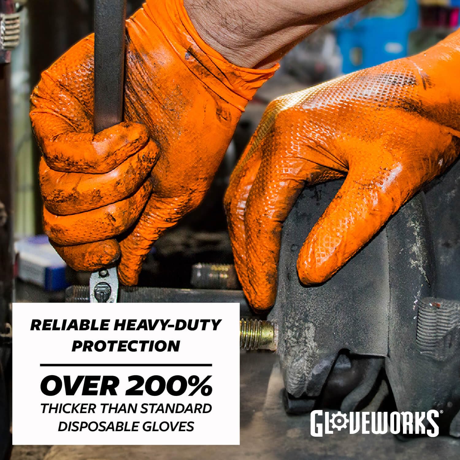 GLOVEWORKS HD Orange Nitrile Industrial Disposable Gloves, 8 Mil, Latex-Free, Raised Diamond Texture, Large, 2 Boxes of 100