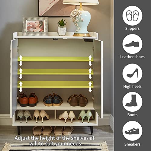 OLD CAPTAIN Shoe Cabinet, 5-Tier Modern Entryway Organizer Cabinet with Door,Deodorisation and Automatic Lighting (White)
