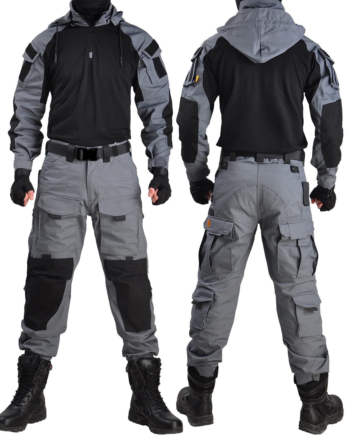 HAN·WILD Men's Tactical Suit Combat Pants and Shirts with Hood Military Uniform Airsoft Clothing with Knee Pads(GRAY)