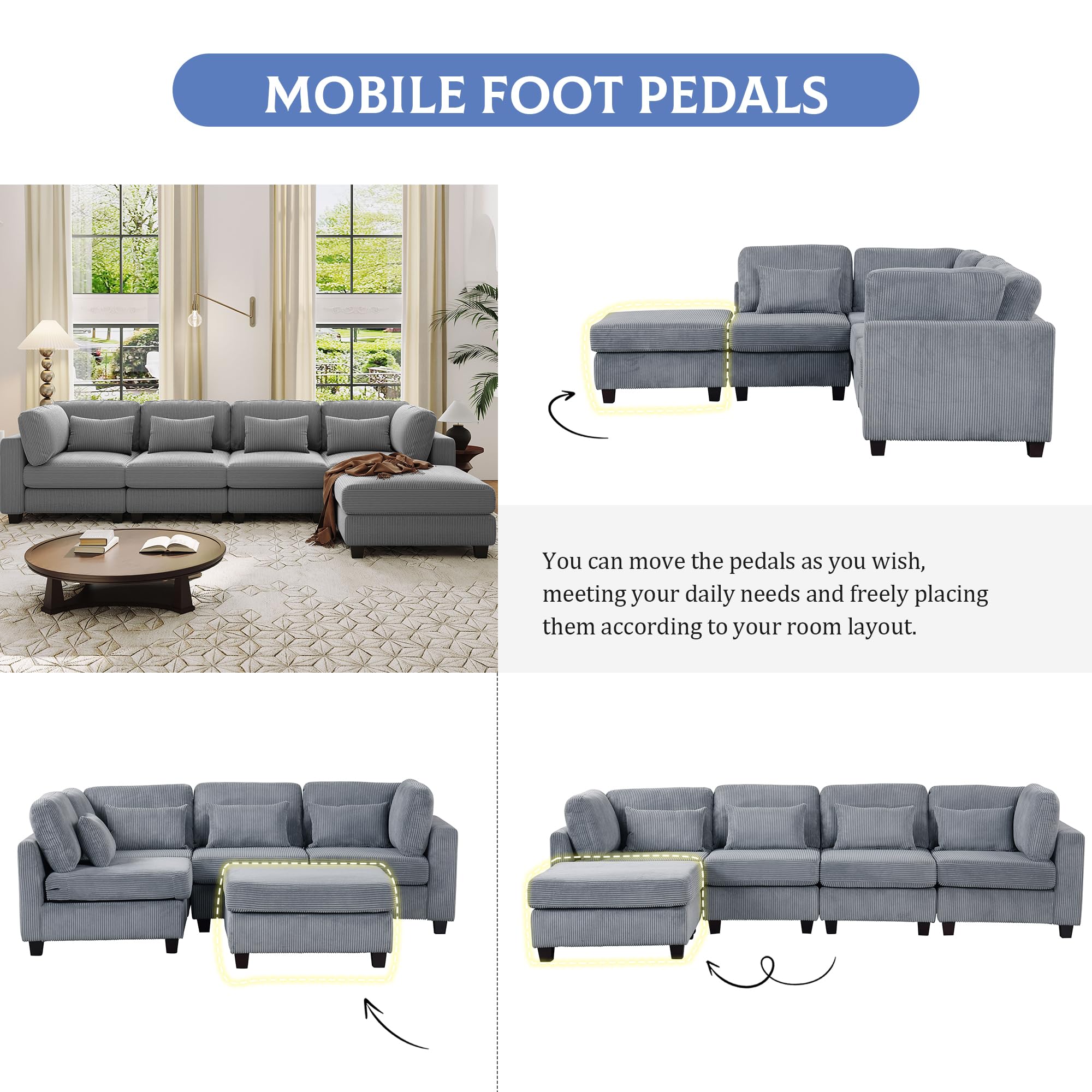 KELRIA 99.6" 5 Pieces L-Shaped Modular Sectional Sofa with Removable Ottomans and Waist Pillows, Modern Corduroy Fabric Upholstered Couch for Living Room, Apartment, Studio, Grey