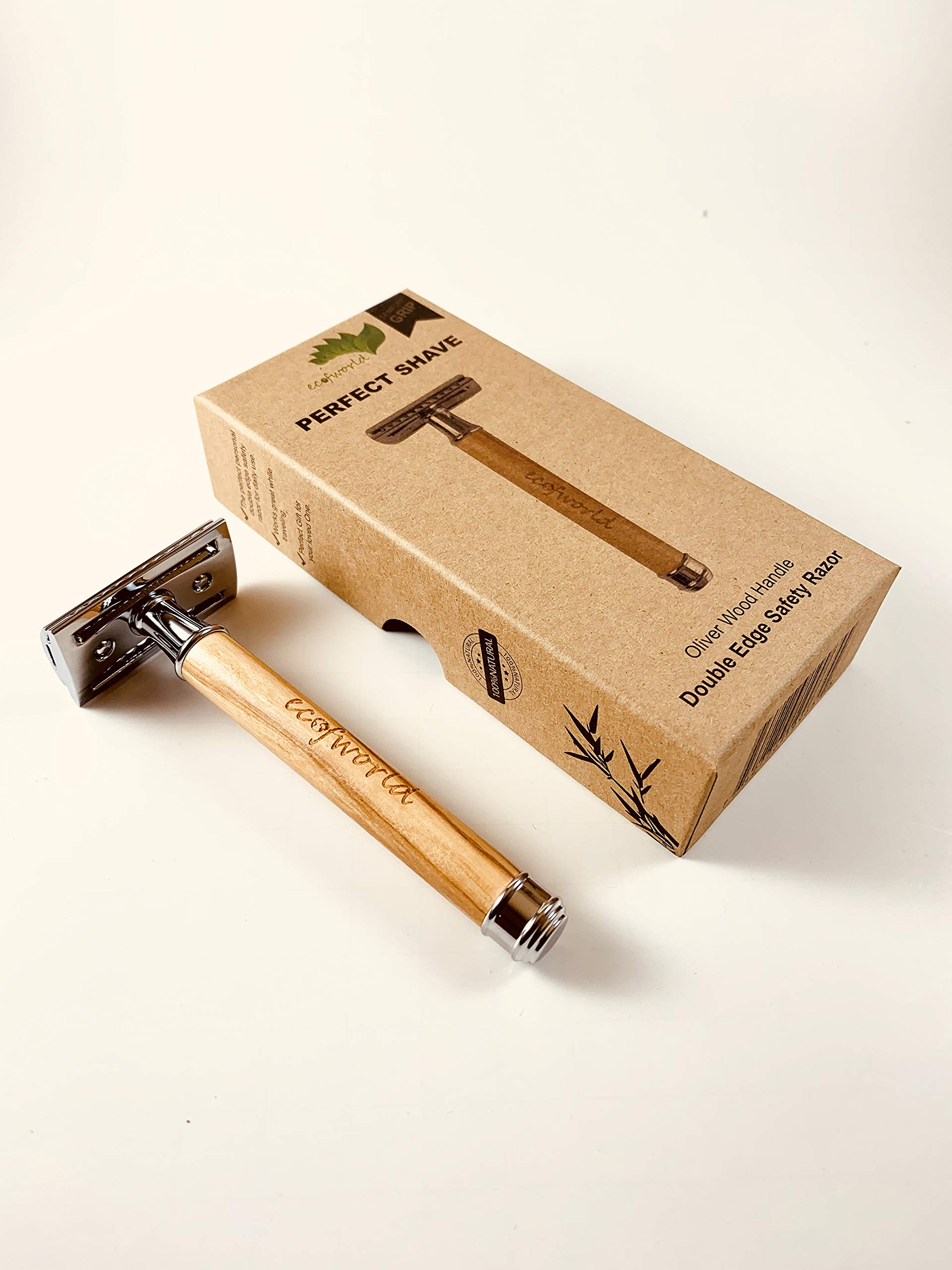 ECOFWORLD Double Edge Safety Razor with Long Natural Olive Wood Handle with One Blade| Safety Razor Reusable | Eco Friendly | For Men or Women | Sustainable and Durable