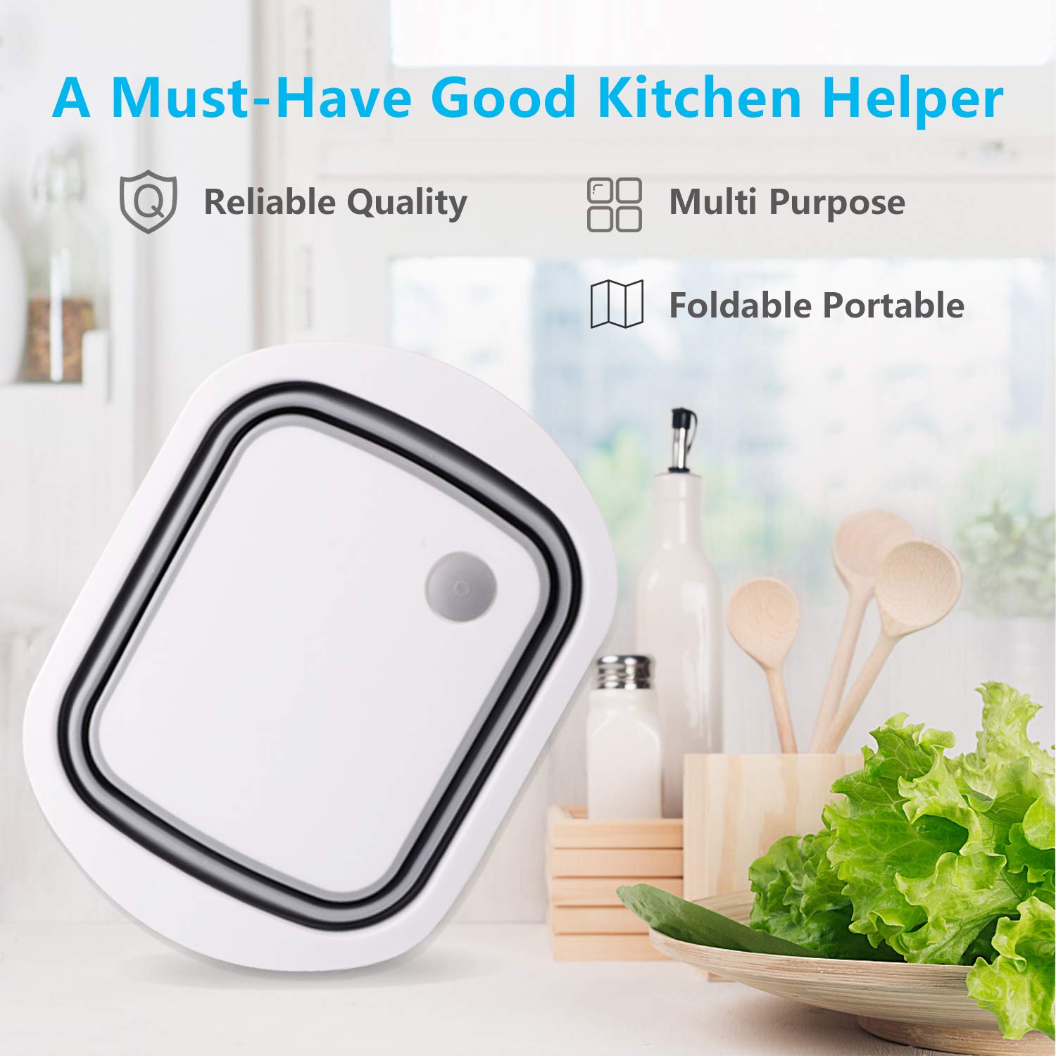 Goodking Cutting Board with Peeler, Multi-function Foldable Kitchen Plastic Silicone Dish Tub Colander for Fruits/Vegetables/Picnic/Camping