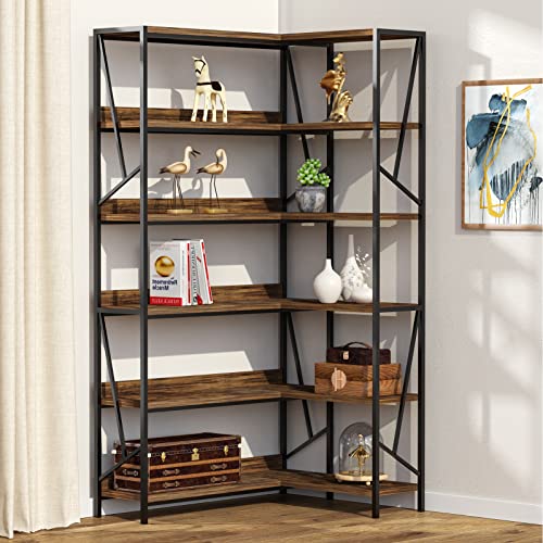 Sengroce 76.8" Corner Bookshelf, 6 Tier Industrial Bookcase with Protective Panel Etagere Book Shelves Storage Rack with Metal Frame for Living Room Home Office