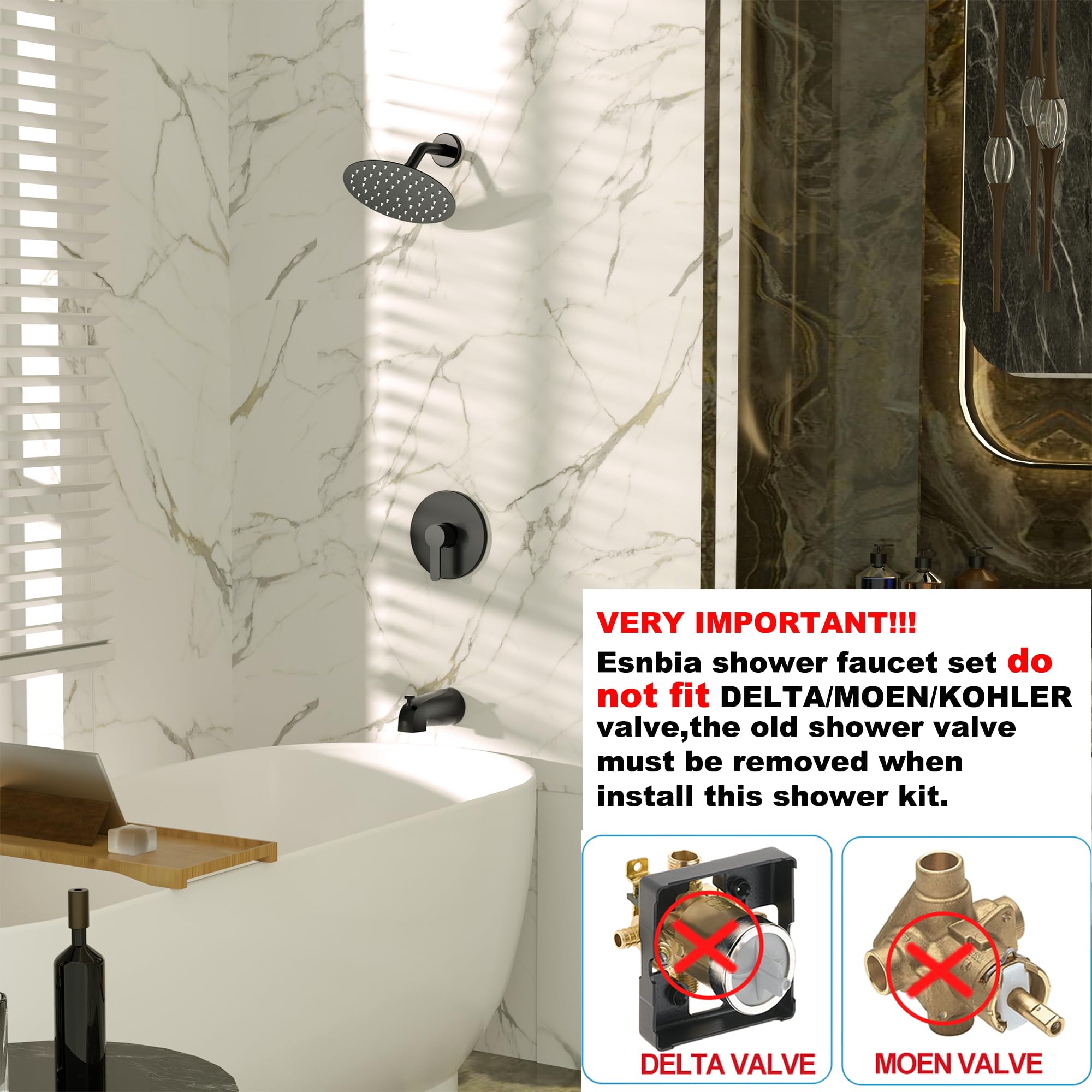 Esnbia Tub Shower Kit(Shower Valve Include), Black Shower Faucet Set with 8-Inch Rain Shower Head and Handle, Bathtub Shower Faucet Set, Single-Handle Tub and Shower Hardware Set, Matte Black