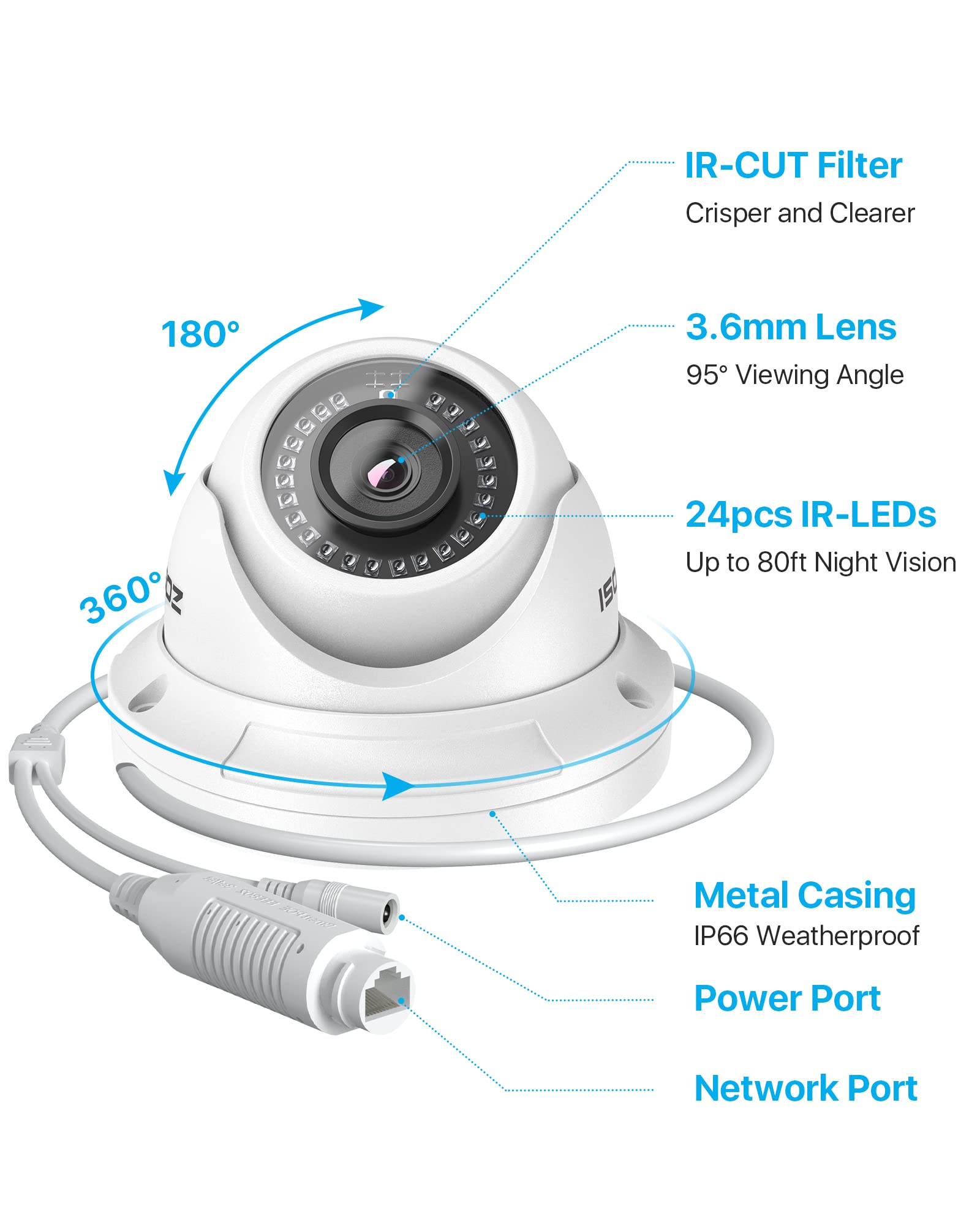 ZOSI 4PK 5MP Add-on POE IP Security Camera with Etherent Cables PoE Dome Camera with Night Vision,IP66 Weatherproof, Compatible with ZOSI 4K/5MP NVR(Model:ZR08EN,ZR08DN,ZR08PN,ZR16DK)