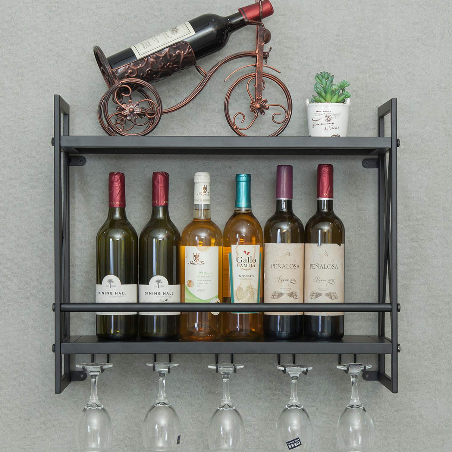 Industrial Wine Rack 14 Bottles Wall-Mounted Wine Cabinet with 5 Glasses Holder Metal Wine Storage Shelf Multi-Function Display Rack for Home Bar Restaurant Kitchen 23.6'' x7.9'' x20.5''