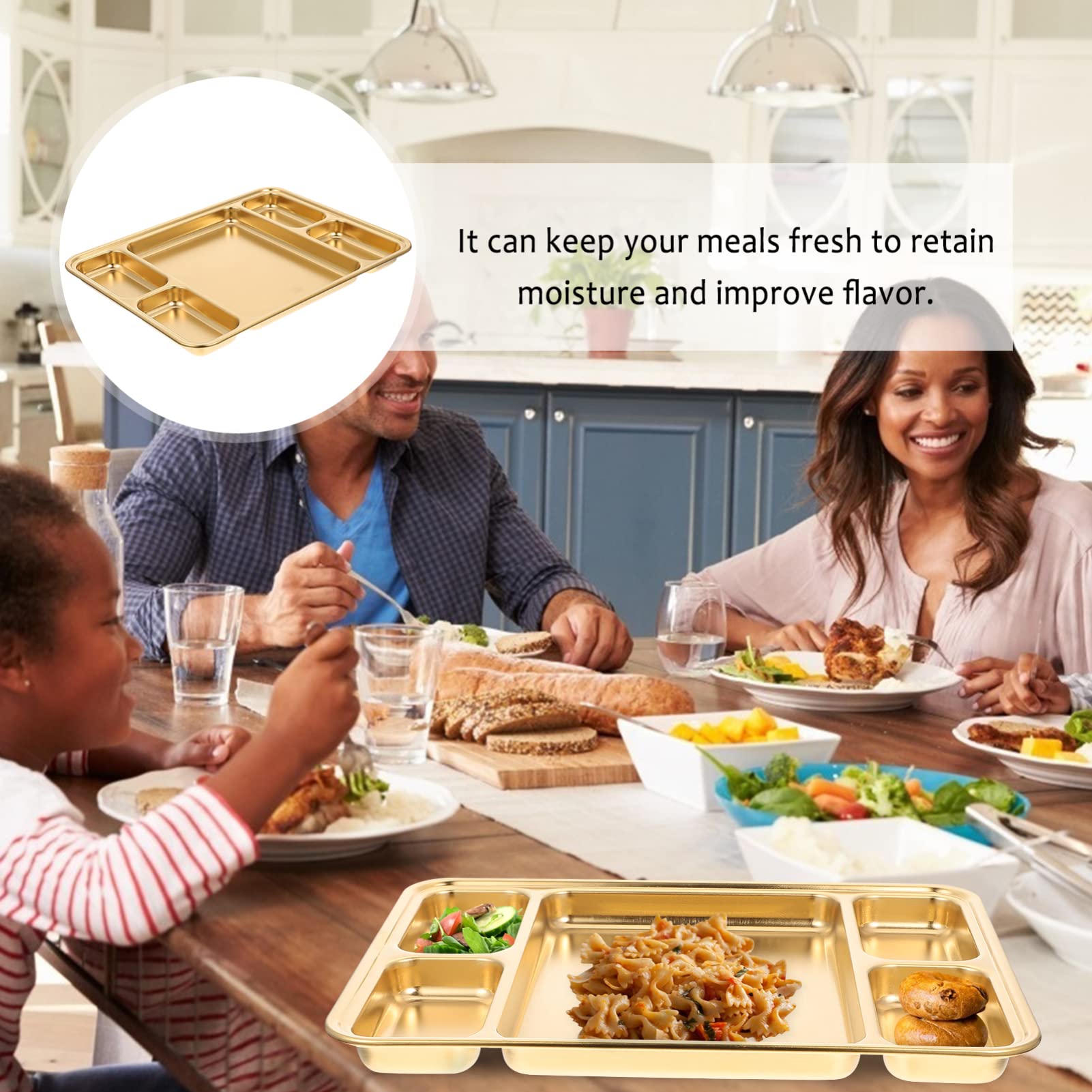 Hemoton Divided Compartment Tray Stainless Steel Divided Plate 5 Compartments Metal Lunch Tray for Home Office School Work Golden