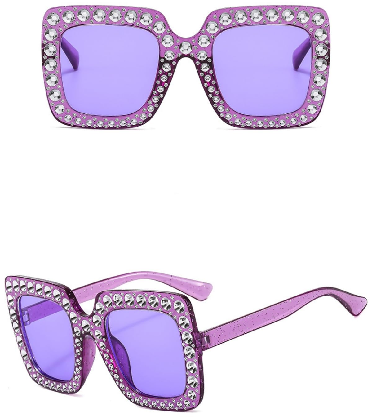 IKANOO Oversized Crystal Sunglasses for Women Square Thick Frame Bling Rhinestone Elton John Sparkling Glasses (Purple)