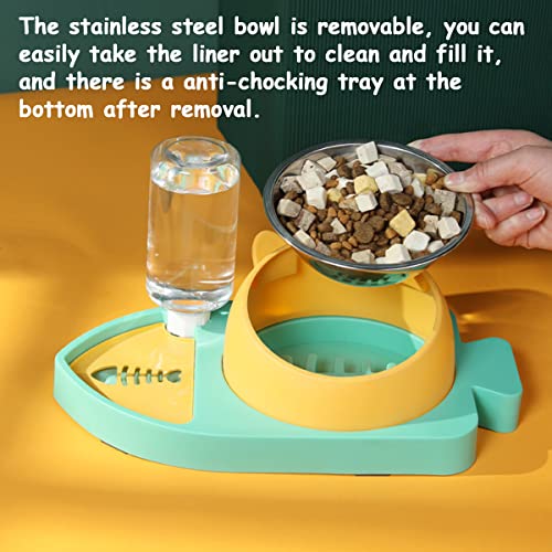 Pet Bowl Food and Water Two in One Feeder Anti-Choking Stainless Steel Dog Cat Bowl Kit Removable Automatic Water Refill No Spill Dripless Water Bottle Feeding Bowl (Blue)