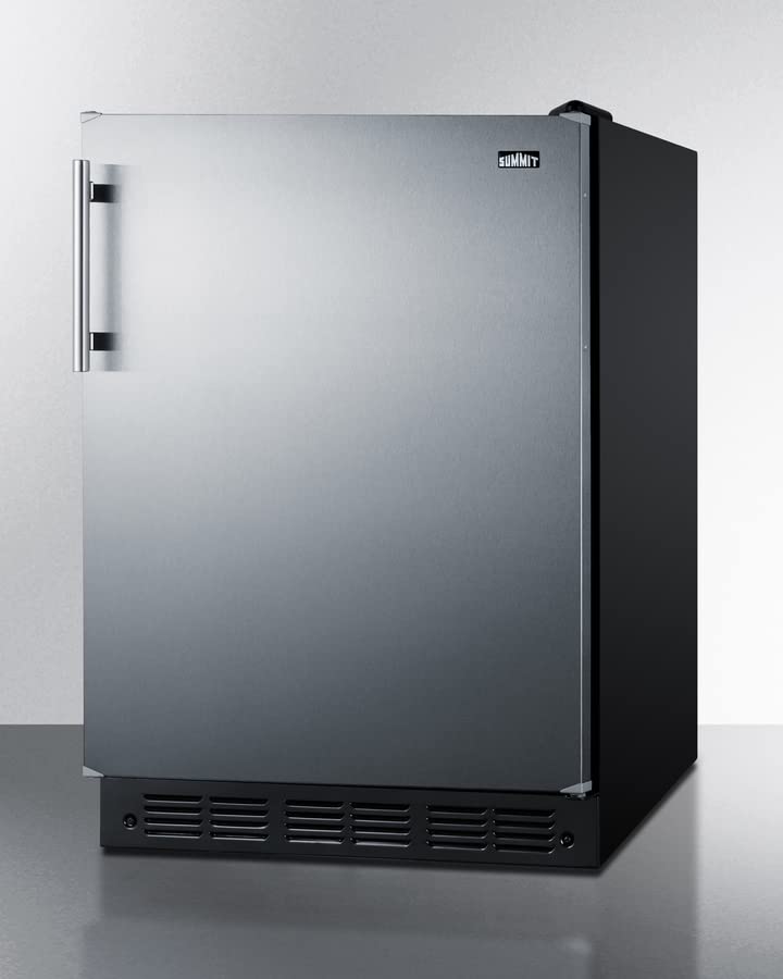 Summit FF6BK2SS 24” Wide Under Counter Refrigerator 5.5 cu.ft. Made in Europe with Automatic Defrost Operation, Reversible Stainless-Steel Door, and Deluxe black interior (Right-Hand Door)