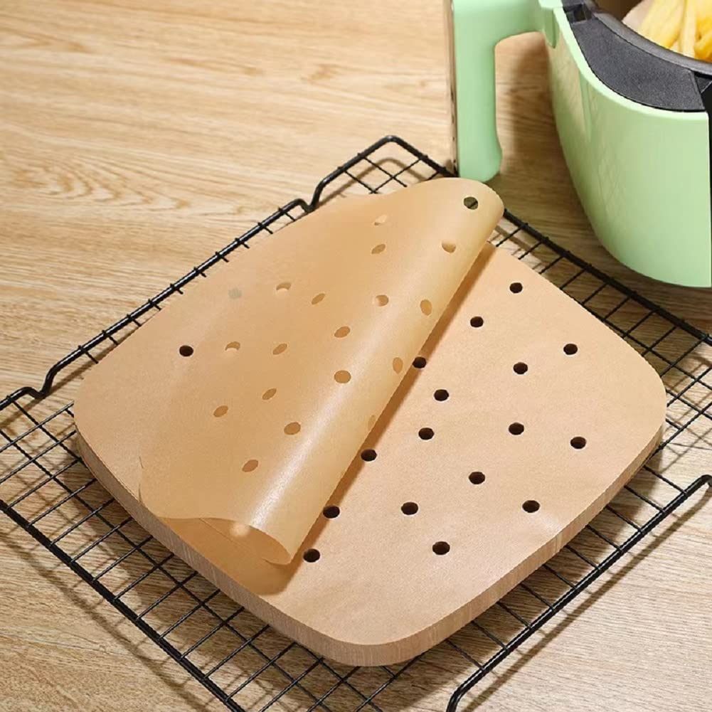InfantLY Bright 100pcs Air Fryer Parchment Paper, 8 inch Unbleached Bamboo Steamer Paper Liners Filter Premium Perforated Papers Sheets Mat for Baking Streamer Pans Oven