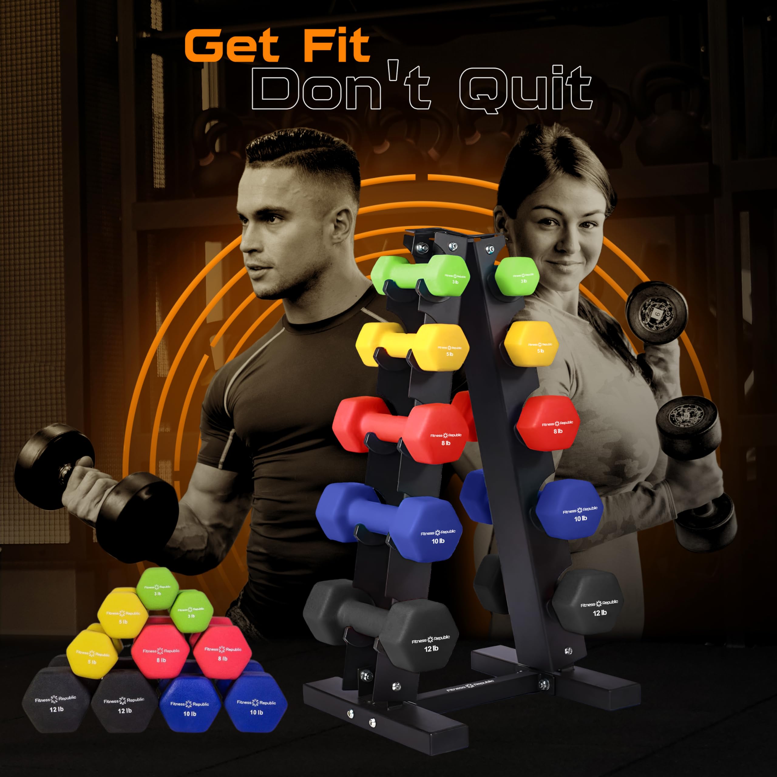 Fitness Republic Solid Steel Dumbbell Rack Holder, A-Frame Dumbbell Storage Racks, dumbbells tower for home gym exercise, Neoprene Dumbbells Pairs (3lb, 5lb, 8lb, 10lb, 12lb) with 5 Tier Rack Combo