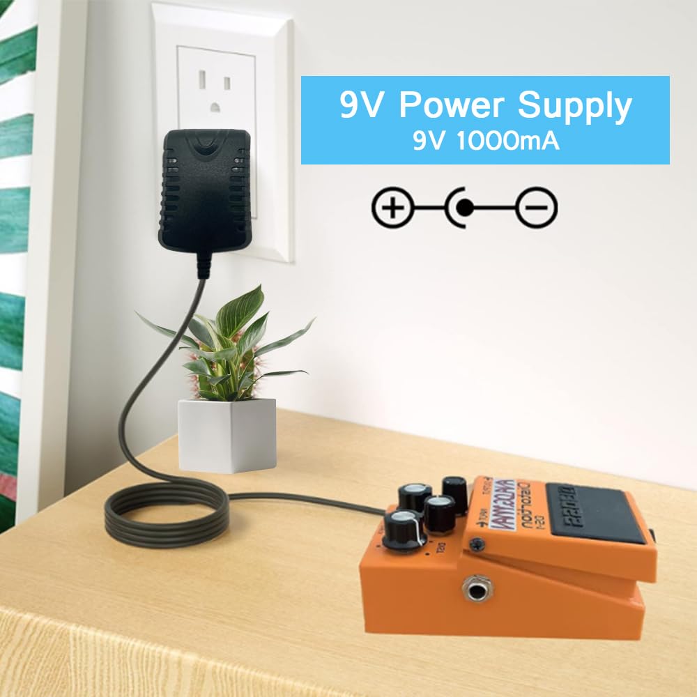 Guitar pedal power adapter 9V DC 1A - Reliable, low noise, for effect pedals, stage performances, Musical Instruments and electronic keyboards - negative power, professional grade, space saving design
