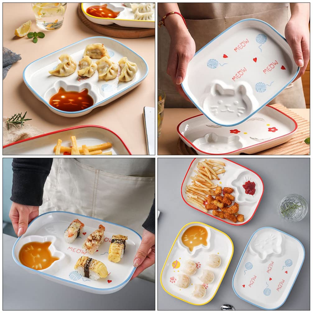 Hemoton Japanese Sushi Plates Ceramic Dumpling Plate with Sauce Dish Compartment Dip Serving Platter Snack Dessert Tray for Dim Sum Chips Salad Blue