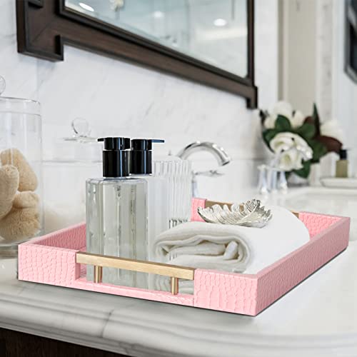 Serving Tray with Handles, 17.1βx11.8β PU Leather Ottoman Tray, Rectangle Coffee Table Tray, Modern Elegant Decorative Tray for Breakfast Tea Food Drinks Jewelry Living Room Kitchen Vanity,Pink