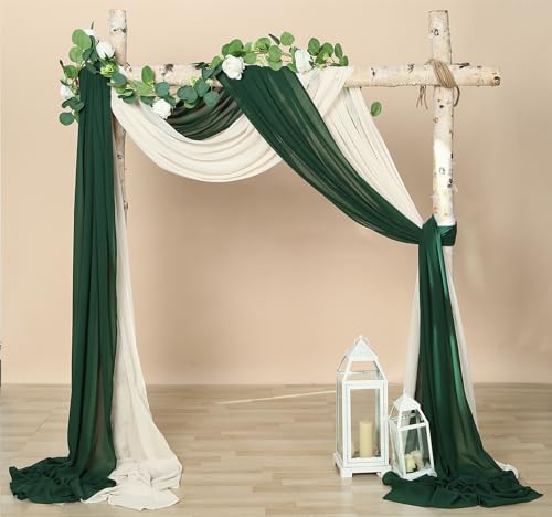 SHERWAY 2 Panels Chiffon Fabric Drapery Wedding Arch Drapes, Party Backdrop Curtain Panels, Ceremony Reception Swag Decoration (27 x 216 Inch, Hunter Green & Ivory)