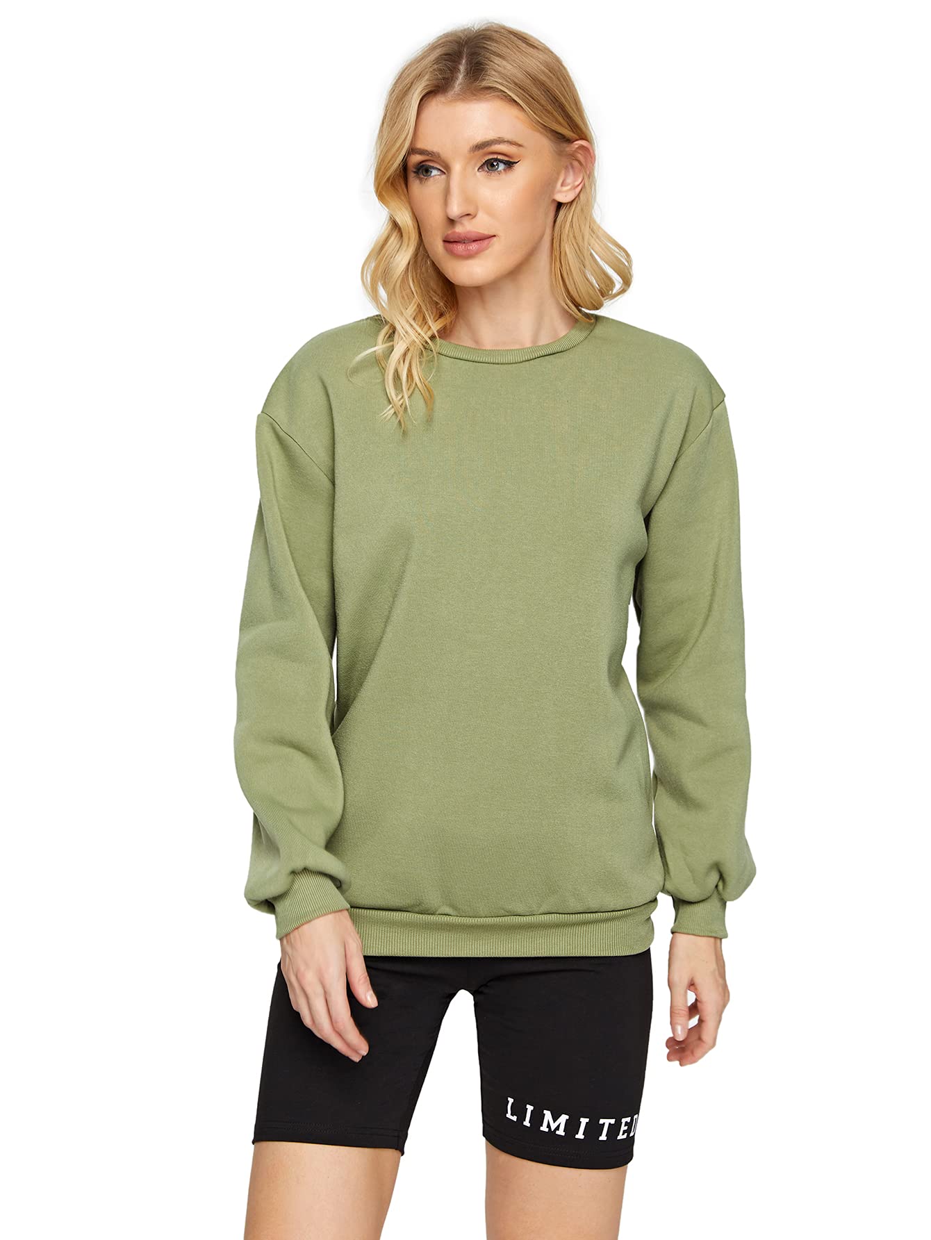 Floerns Women's Casual Long Sleeve Crewneck Pullovers Tops Solid Sweatshirt Army Green L