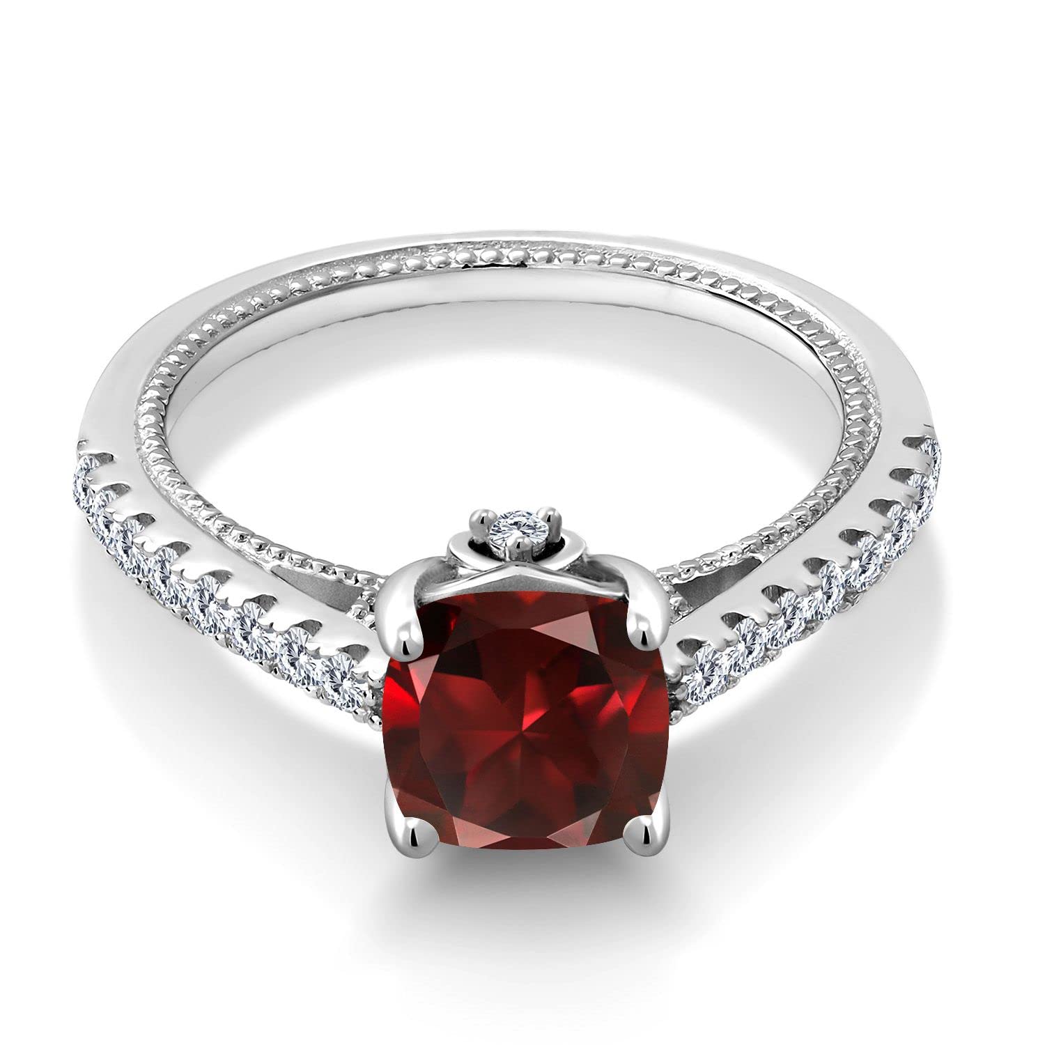 Gem Stone King 925 Sterling Silver Cushion 7MM Gemstone Birthstone and White Created Sapphire Engagement Ring | Wedding Engagement Anniversary Promise Ring For Women