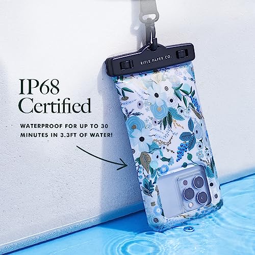 Rifle Paper Co. IP68 Floating Waterproof Phone Pouch / Case (Regular Size) Floating Waterproof Phone Case - iPhone 14 Pro Max/ 13 Pro Max/ 12 Pro Max/ 11/ S23 - Detachable Lanyard - Garden Party Blue