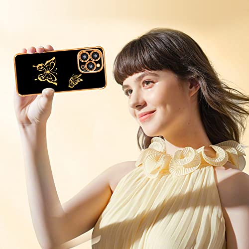 Petitian for iPhone 14 Pro Max Case, Cute Women Girls Gold Designed Butterflies Phone Cases for iPhone 14 Pro Max, Girly Gold Plating Phone Cover for 14 Pro Max with Camera Protector Black