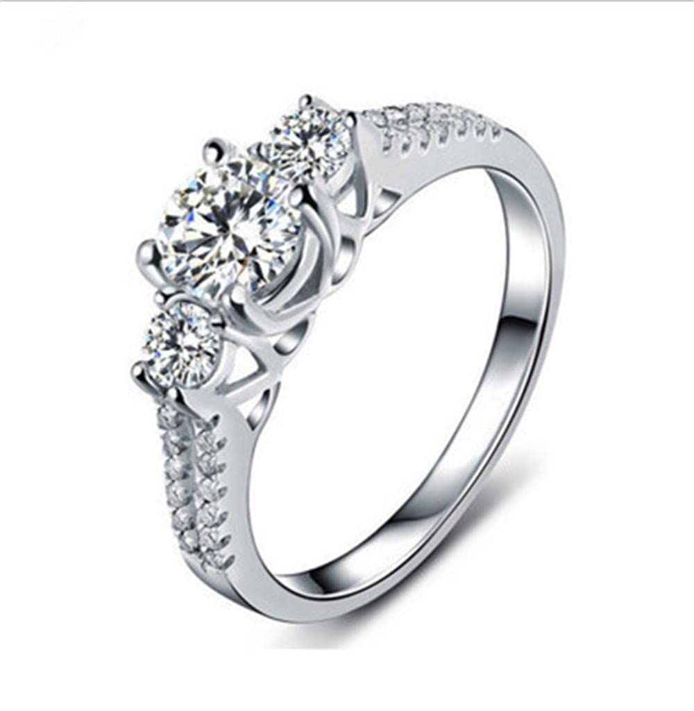 Imitation 925 Sterling Silver Moissan Three-Stone Zircon Ring, Cubic Zirconia CZ Commitment Engagement Wedding Ladies Ring (US Code 5-9) (7)