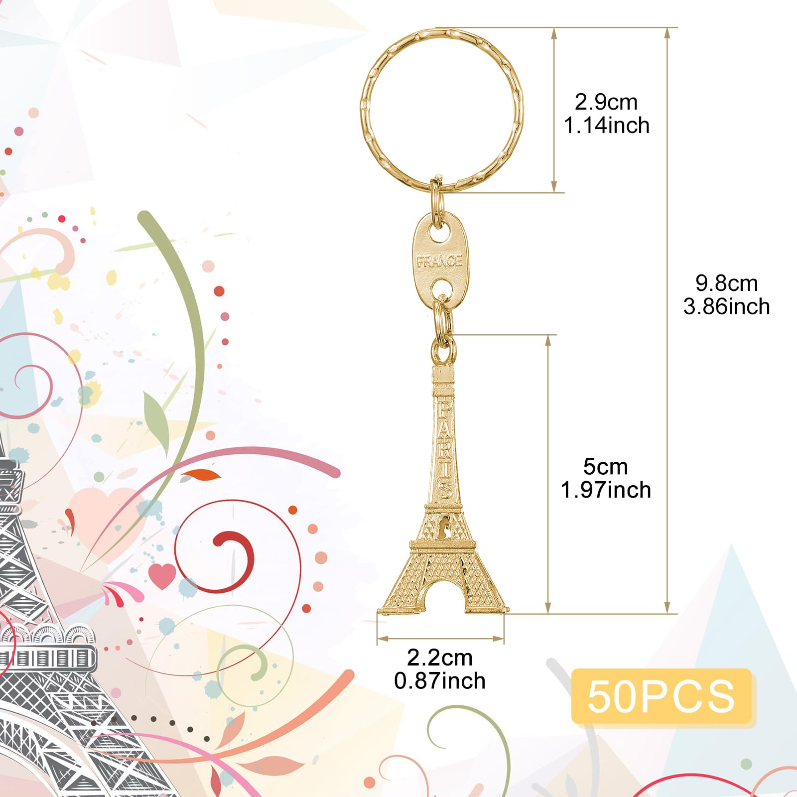 Inbagi 50 Pieces Eiffel Tower Keyring Paris Eiffel Tower Keychains Retro French Souvenirs Keychains Eiffel Tower Keychain Bulk for Home Jewelry Birthday Table Graduation Thank You Gifts (Gold)