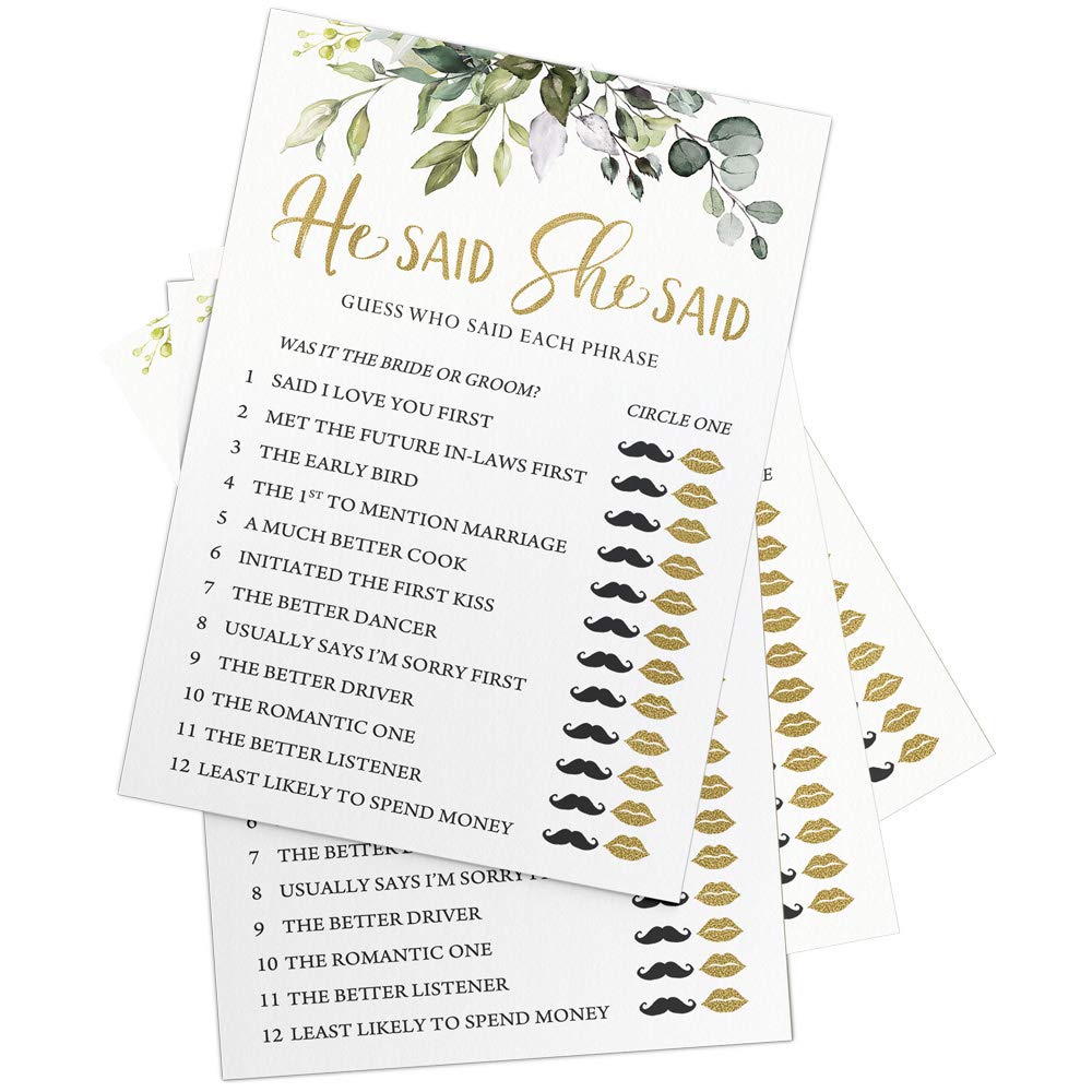 Printed Party Bridal Shower Games โ He Said She Said Game with Fun Bride and Groom Trivia, Wedding Shower Activity, Botanical Eucalyptus Theme, 50 Guests