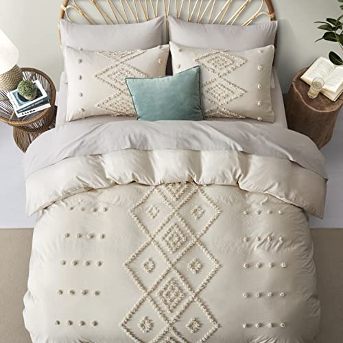 Oli Anderson Tufted Duvet Cover King Size, Soft and Lightweight Duvet Covers Set for All Seasons, 3 Pieces Boho Embroidery Shabby Chic Bedding Set (Beige, King, 104ββ x 90ββ)