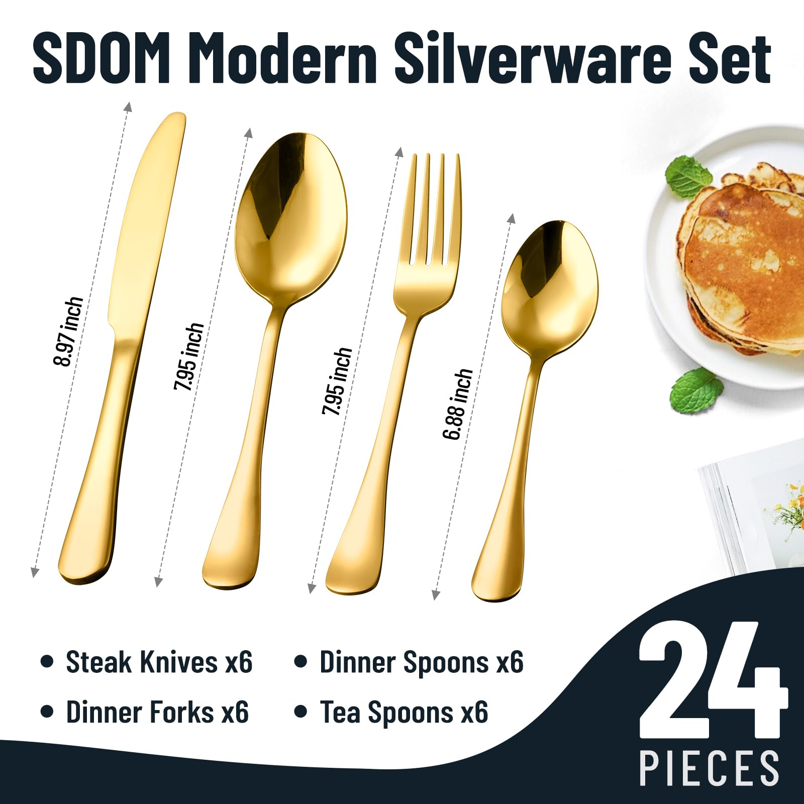 SDOM Silverware Set, Mirror Finish 24-Piece Stainless Steel Rounded Flatware Set for 6, Food-Grade Tableware Cutlery Set, Utensil Sets for Home Restaurant, Dishwasher Safe(Gold)