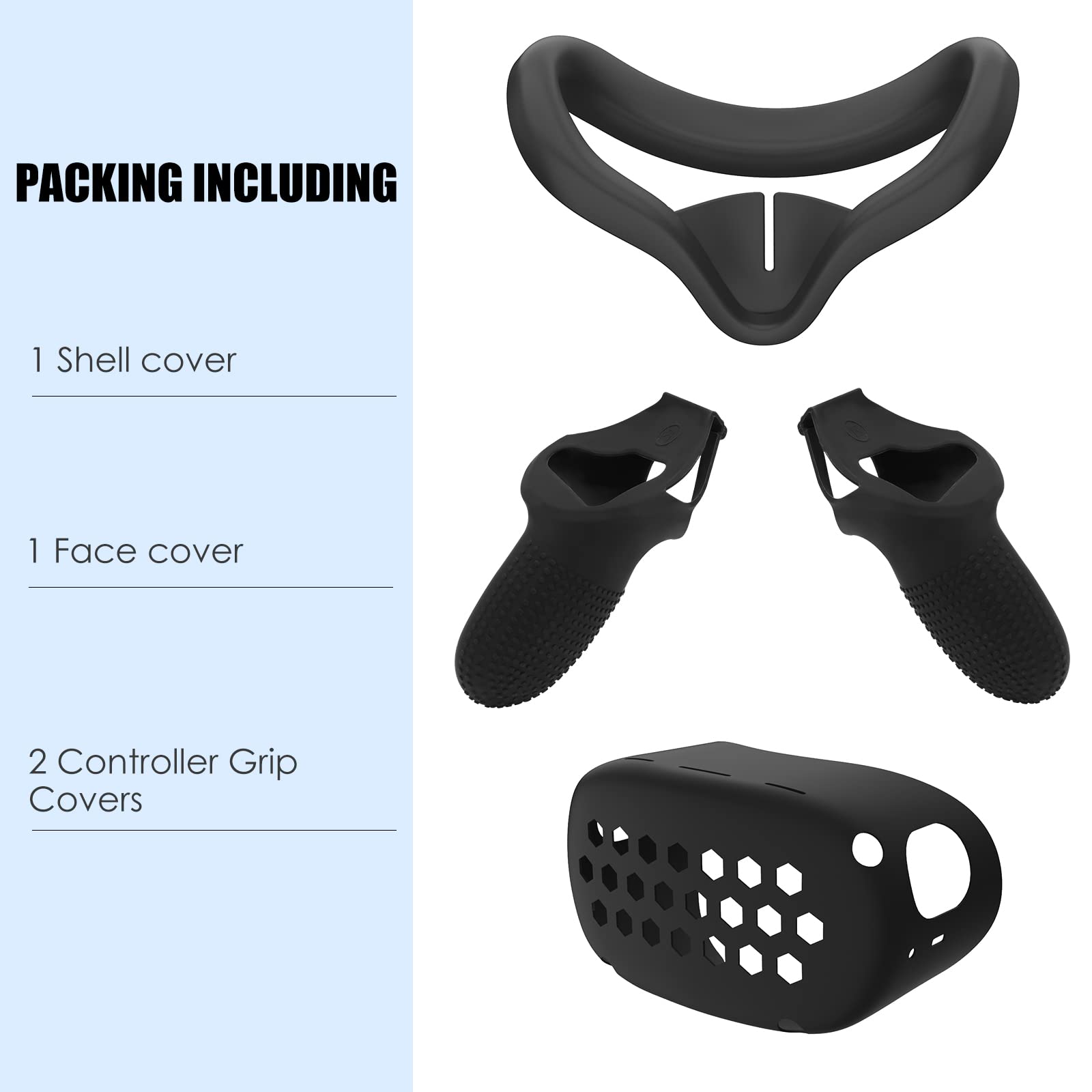 for Oculus Quest 2 Accessories, Quest 2 VR Silicone face Cover, VR Shell Cover, Touch Controller Grip Cover(Black)