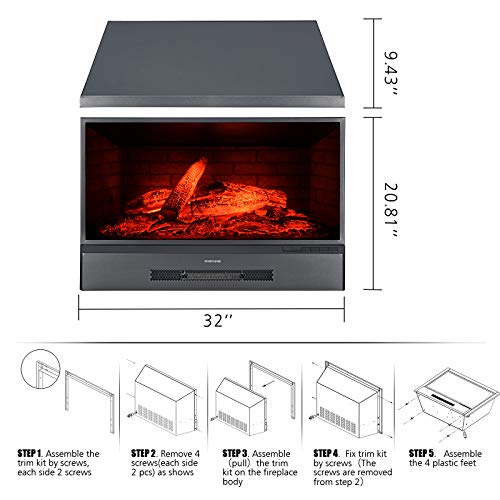 GMHome Electric Fireplace Insert Free Standing Fireplace Heater, with Remote Control, with Fire Crackling Sound, 750/1500W, Black -32 Inches