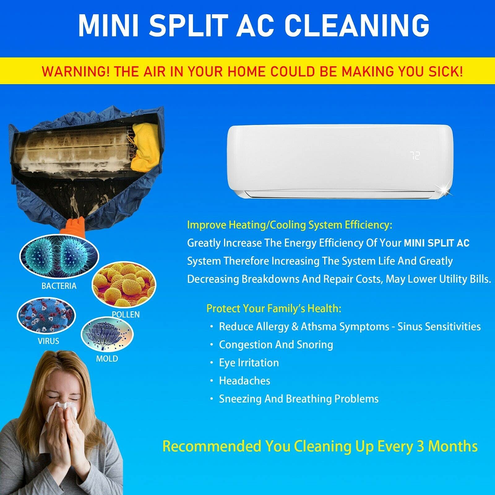 GeekCa-Tech Mini Split Air Conditioner Cleaning Waterproof Bag AC Washing Clean Protector Cover Built-in Waterproof Ring and 8FT Water Hose Compatible With Indoor Unit 9000BTU / 12000BTU (1-1.5HP)