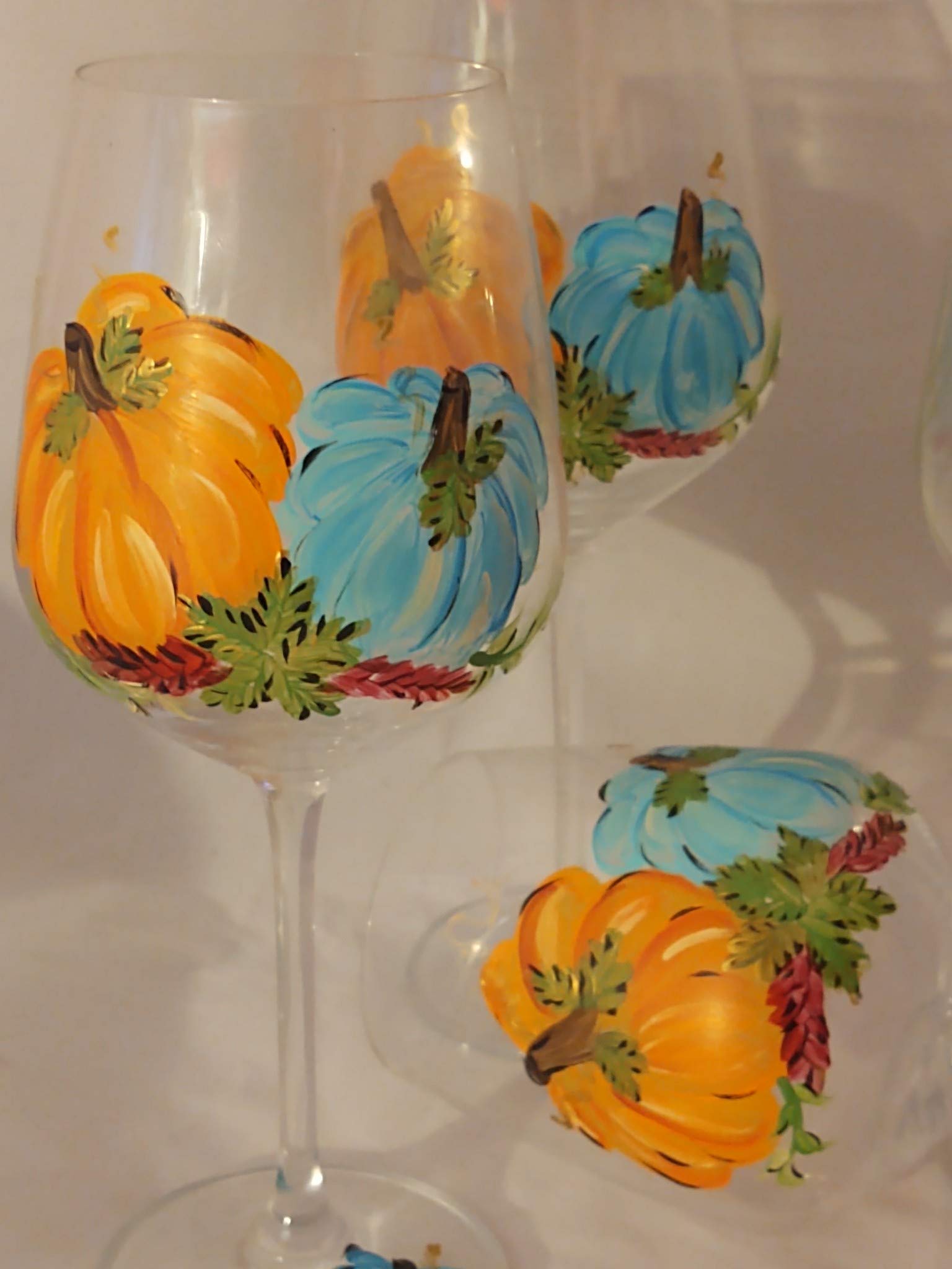 Hand painted autumn pumpkins goblets. set of 4 20 ounce white wine gobblets. usa
