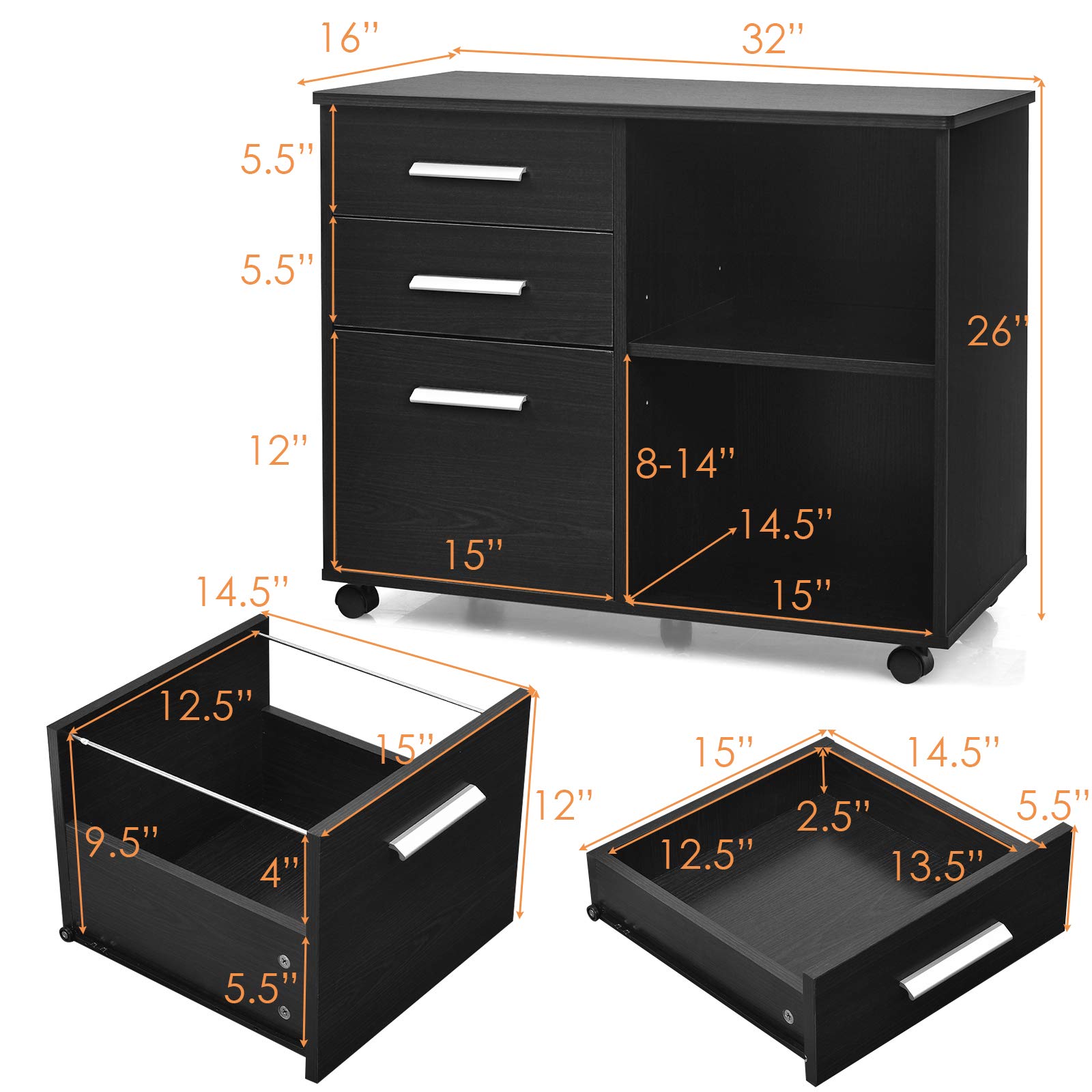 Giantex 3-Drawer File Cabinet, Mobile Lateral Filing Cabinet with Wheels, Large Printer Stand with 3 Drawers and Open Storage Shelves, Multifunctional Storage Cabinet for Home Office (Black)