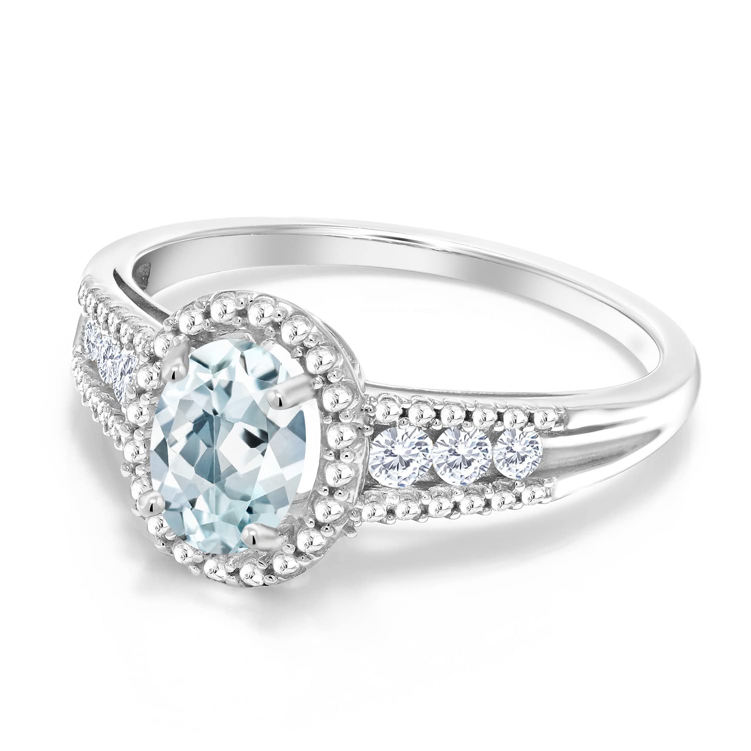 Gem Stone King 925 Sterling Silver Sky Blue Aquamarine and White Created Sapphire Women Engagement Ring (0.99 Cttw, Oval 7X5MM, Gemstone Birthstone, Available in size 5, 6, 7, 8, 9)
